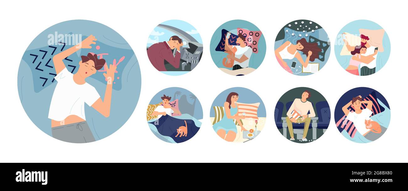 Set of different people sleeping in various situations. Bundle of men ...