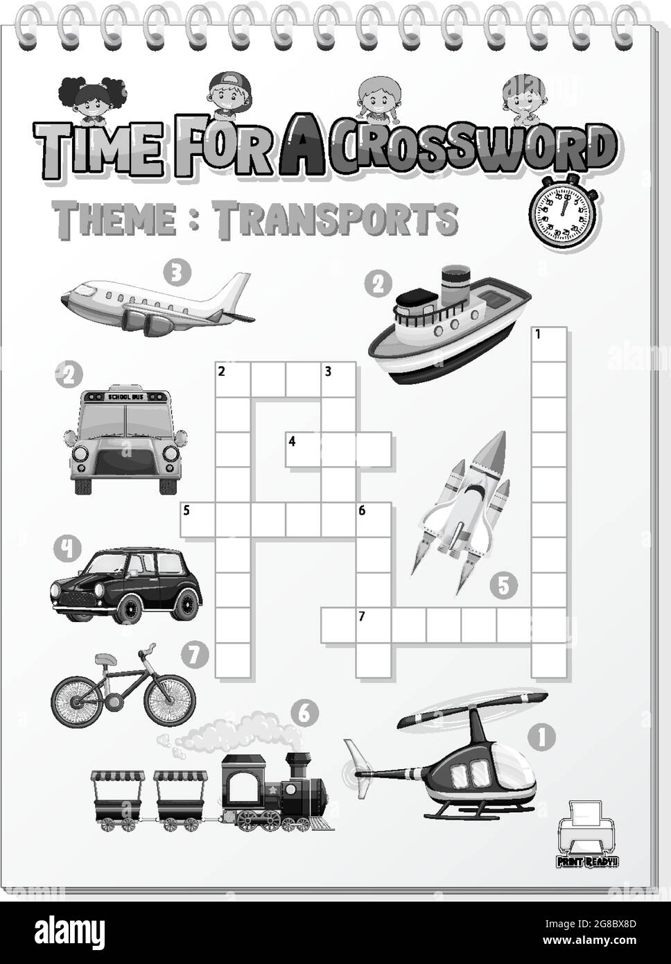 Crossword puzzle game template about transportation illustration Stock ...