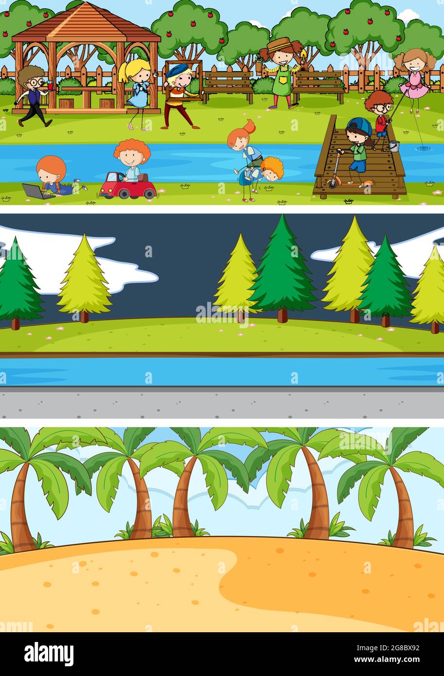 Set of different horizontal scenes background with doodle kids cartoon ...