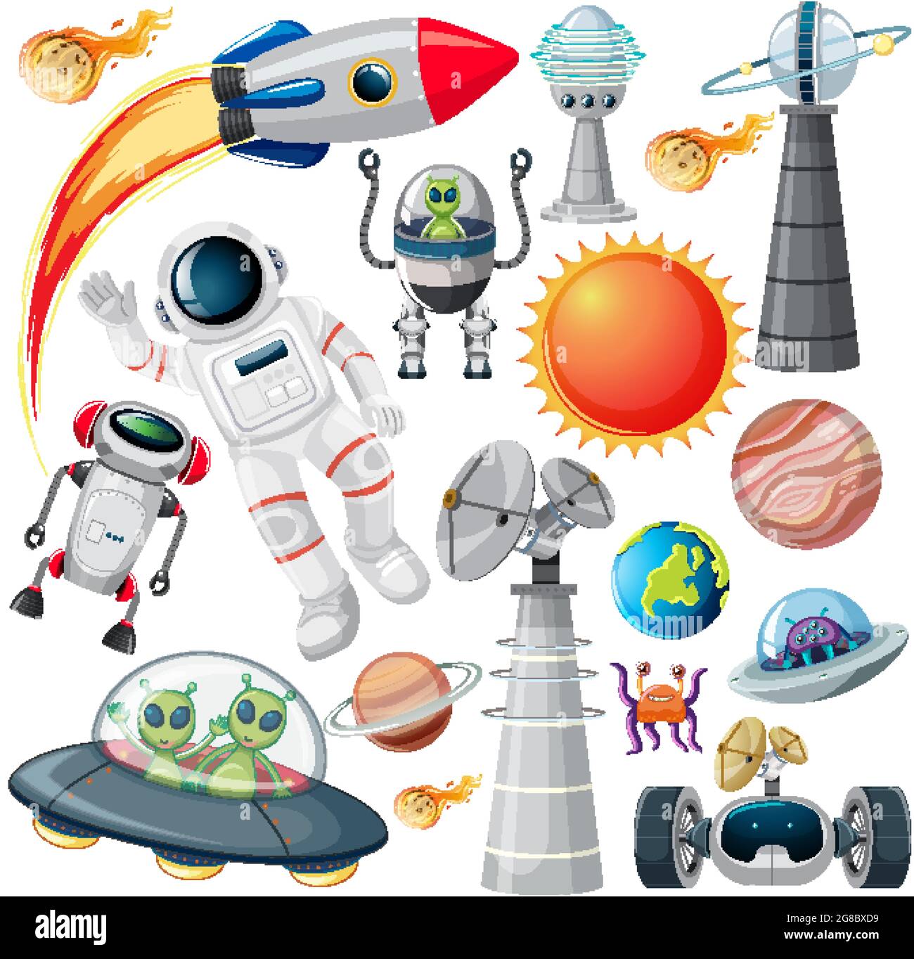 Set of various space objects on white background illustration Stock ...