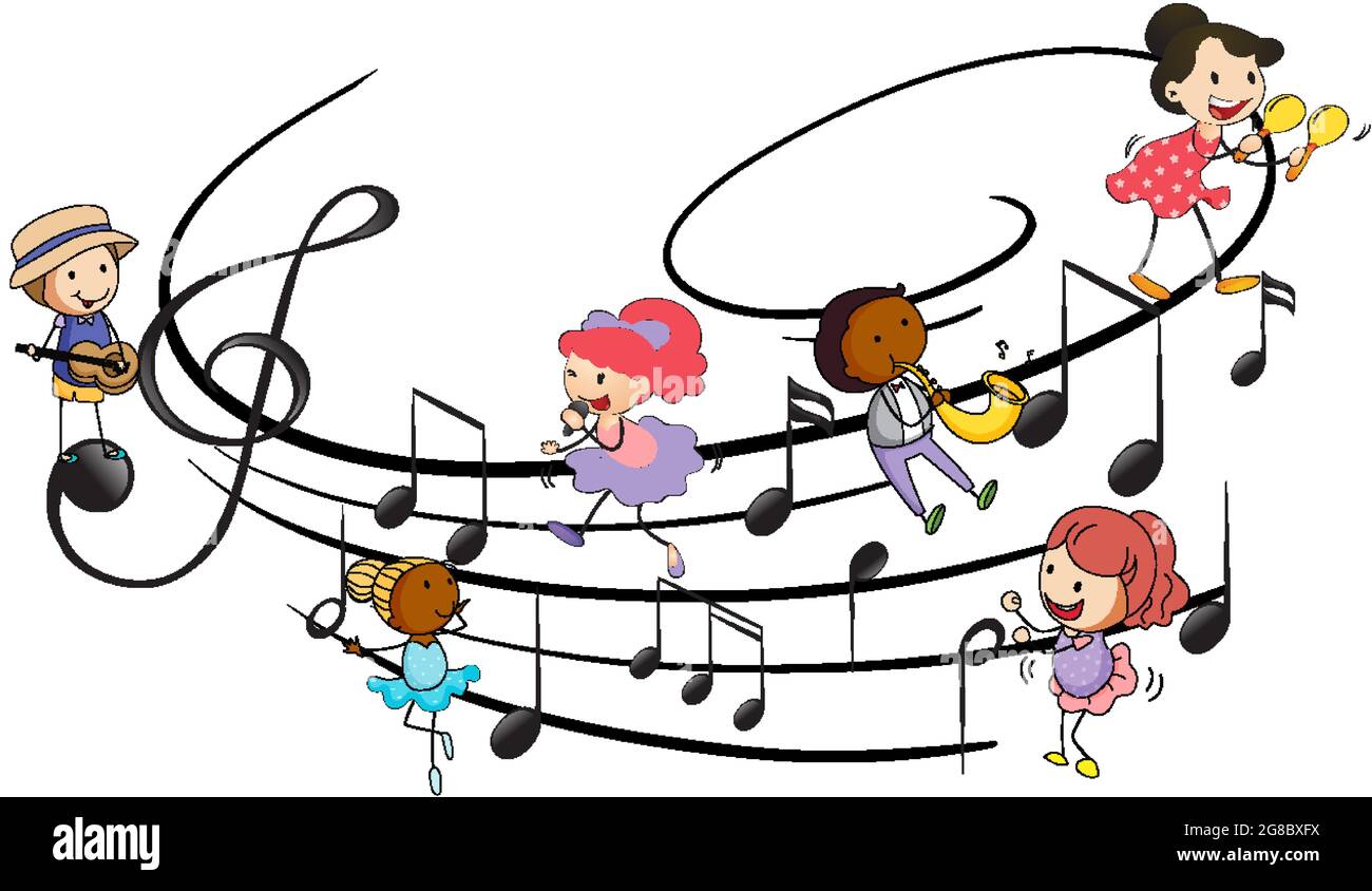 Musical melody symbols with many doodle kids cartoon character ...