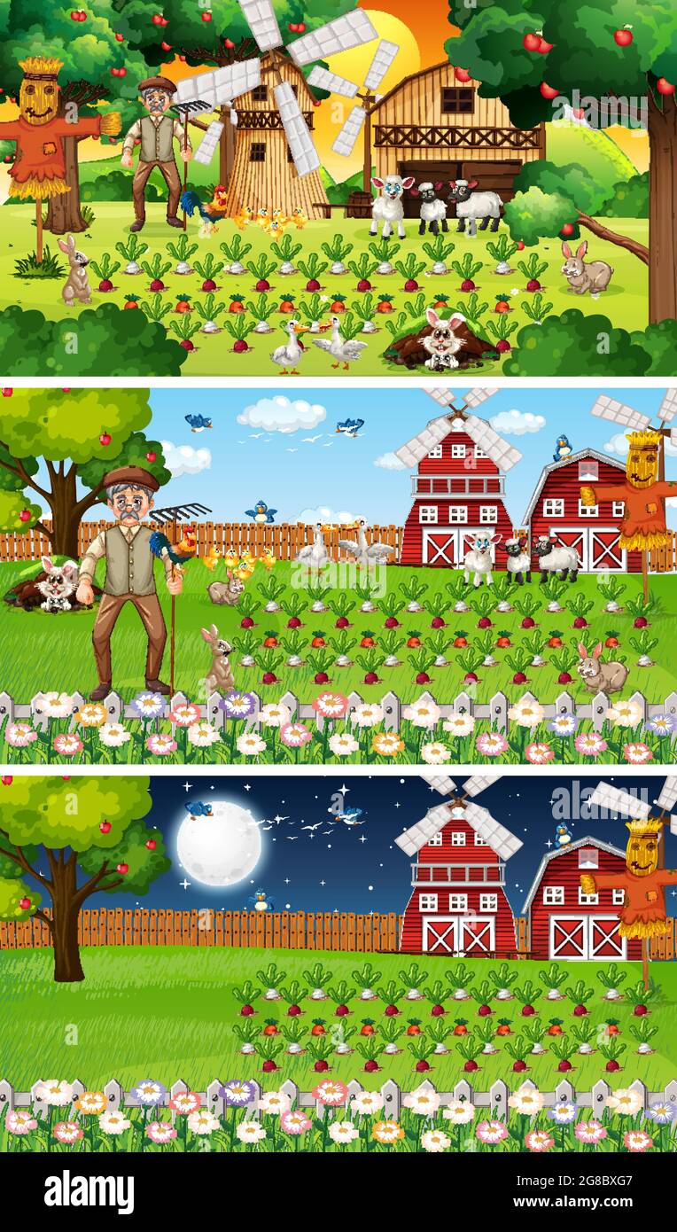 Different farm scenes with old farmer and animal cartoon character ...