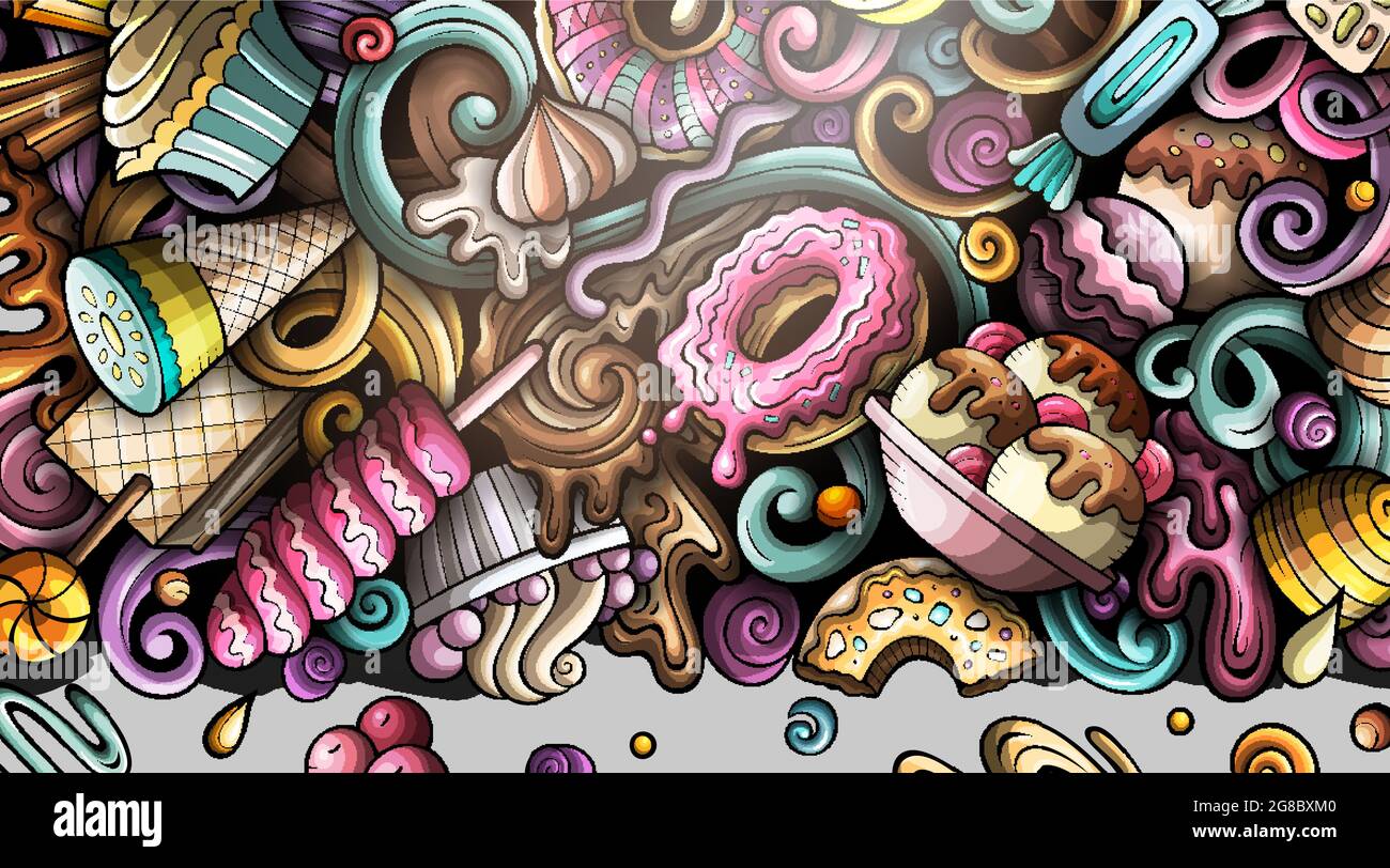 Desserts hand drawn doodle banner. Cartoon vector detailed flyer ...