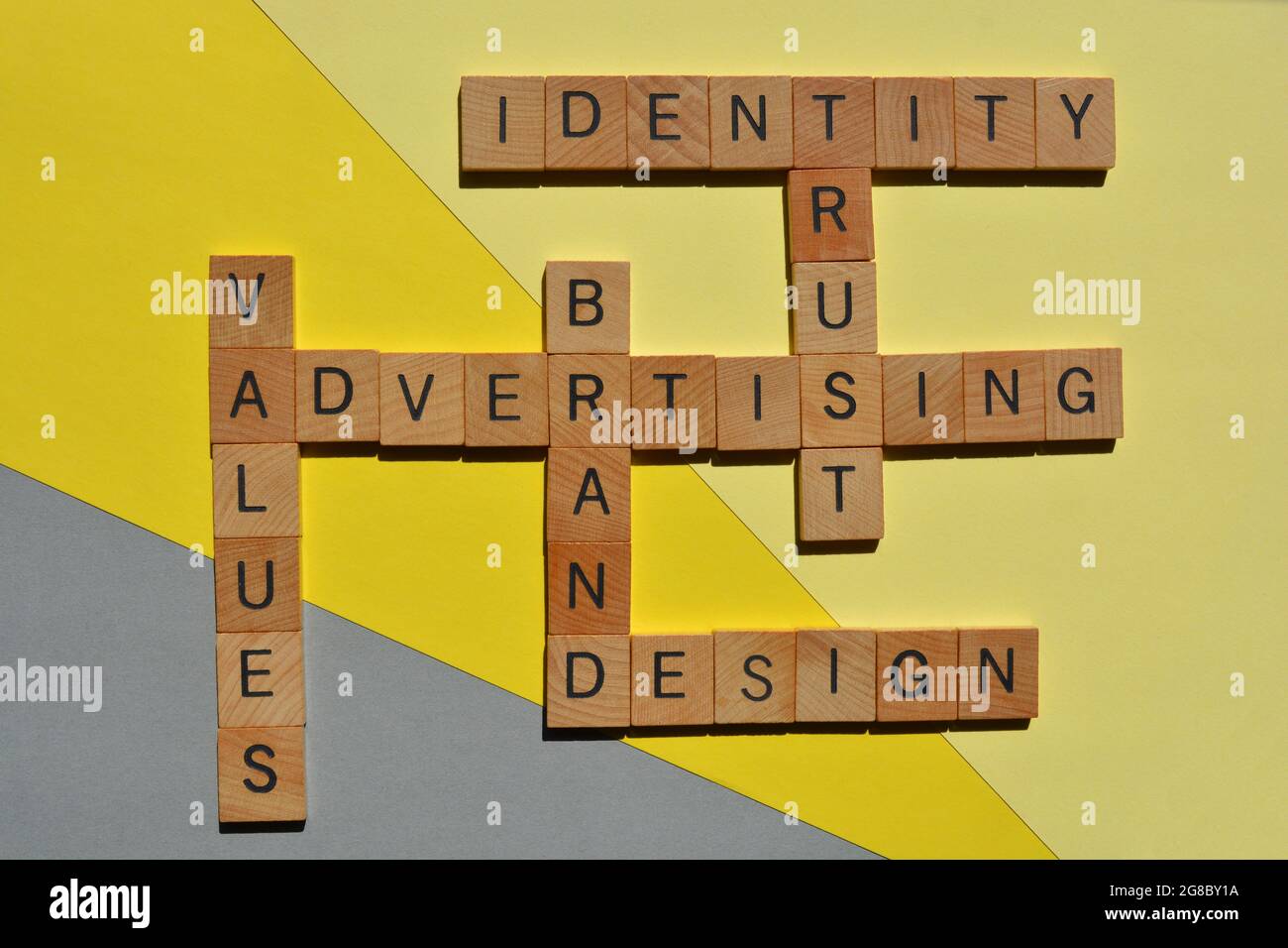 Advertising, Values, Brand, Design, Identity, Trust, words in wooden ...