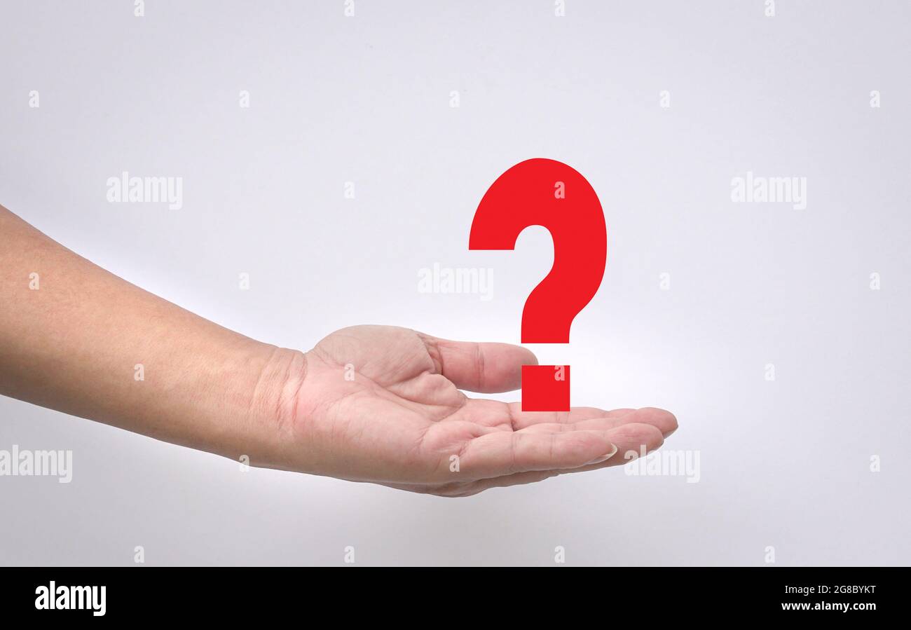 Question mark concept with open hand on white background. Copy space ...