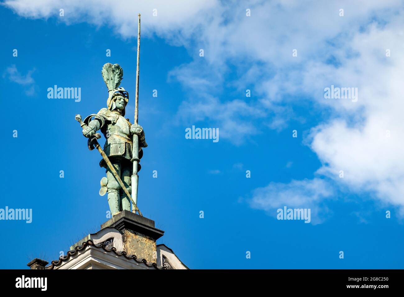 Bronze statue of a knight on the gable of the Town Hall, Charles square ...
