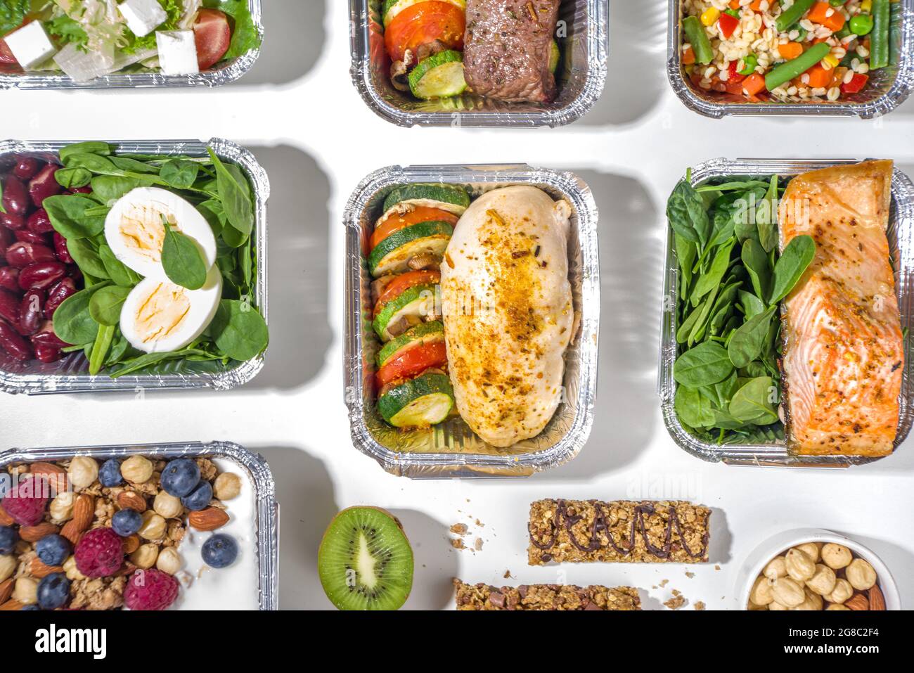 Healthy catering menu, courier food delivery lunch boxes. Beef steak ...