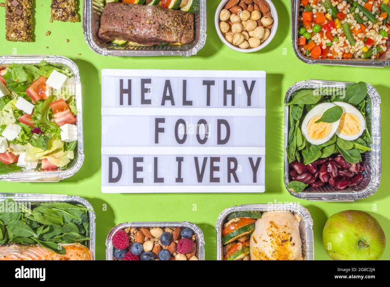 Healthy catering menu, courier food delivery lunch boxes. Beef steak ...