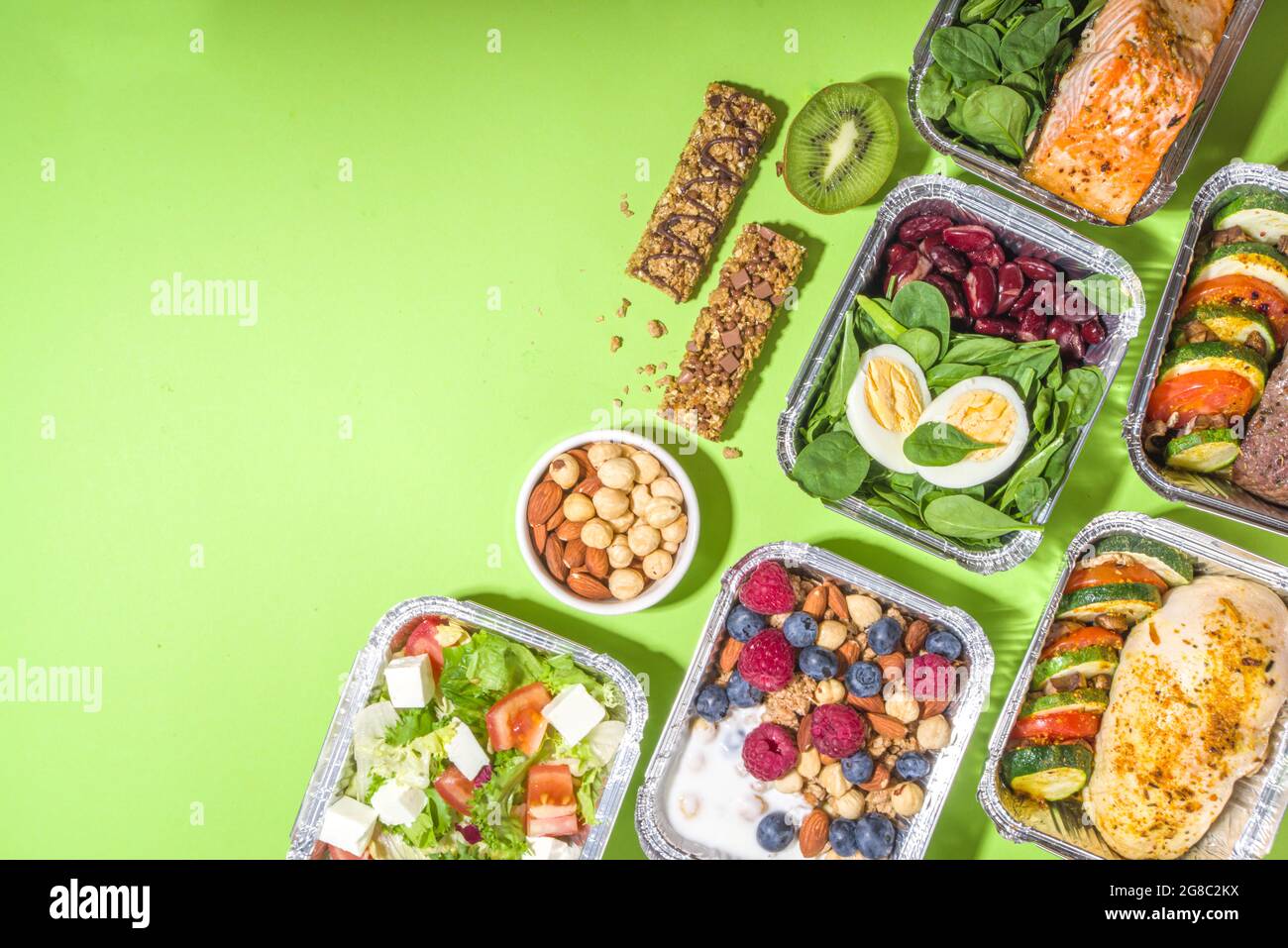 Healthy catering menu, courier food delivery lunch boxes. Beef steak ...