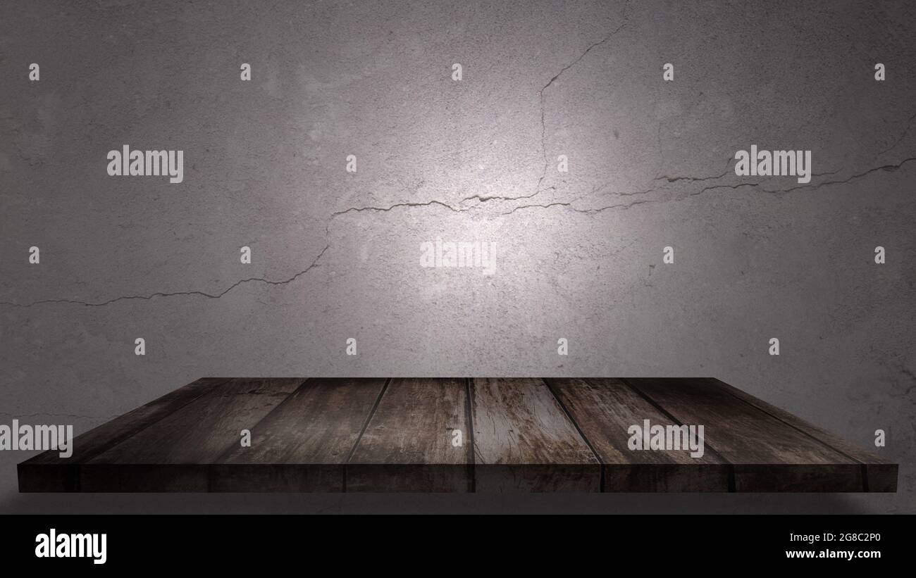 Concrete wall wooden table. Swinging light above. Interrogation room ...