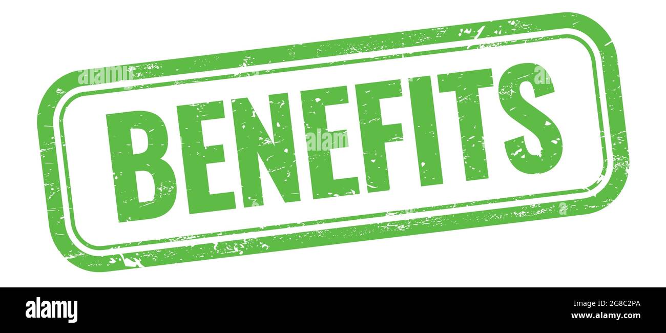 BENEFITS text on green grungy vintage rectangle stamp Stock Photo - Alamy