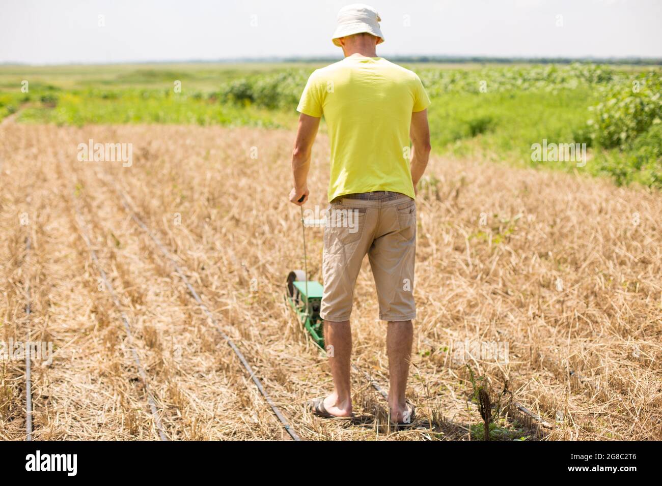 Man seeding on a field with manual seeder by no till technology Stock ...