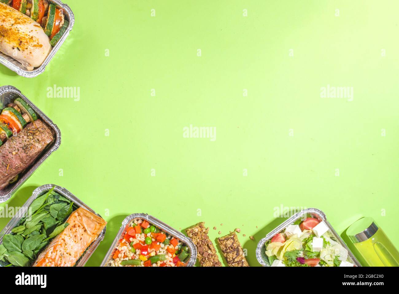 Healthy catering menu, courier food delivery lunch boxes. Beef steak ...