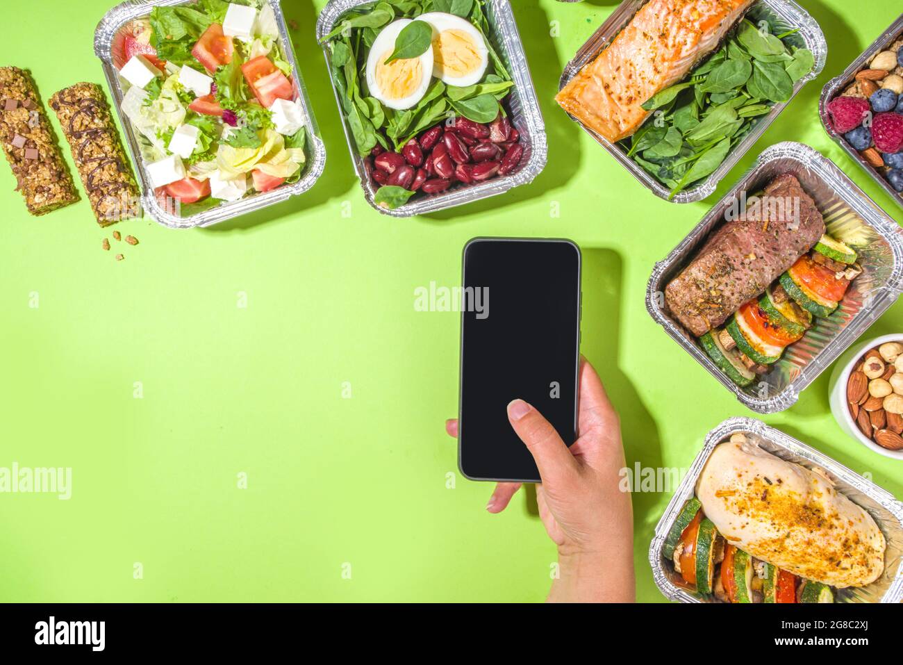 Healthy catering menu, courier food delivery lunch boxes. Beef steak ...