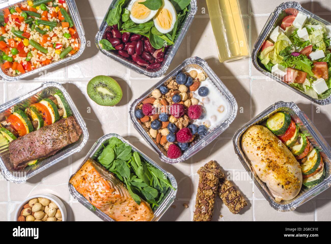 Healthy catering menu, courier food delivery lunch boxes. Beef steak ...