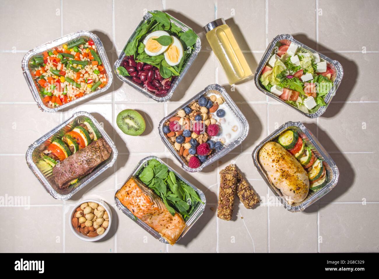 Healthy catering menu, courier food delivery lunch boxes. Beef steak ...