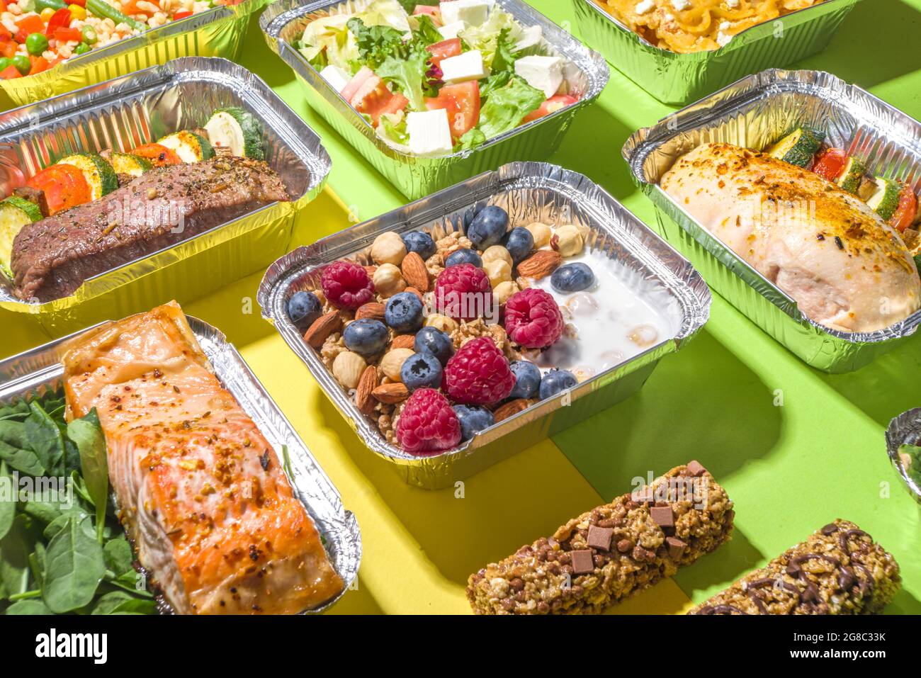 Healthy catering menu, courier food delivery lunch boxes. Beef steak ...