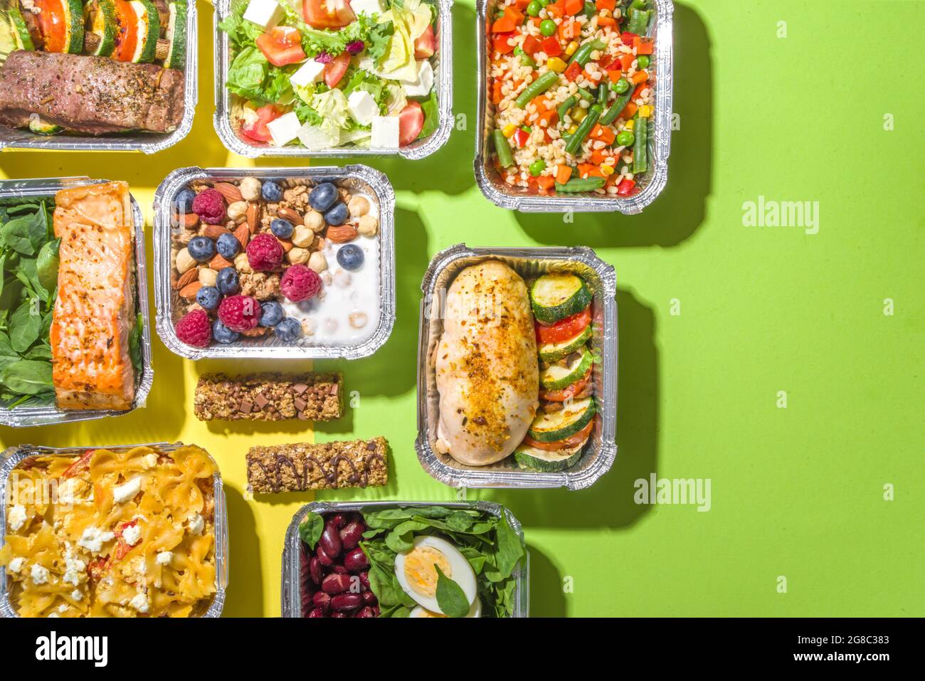 Healthy catering menu, courier food delivery lunch boxes. Beef steak ...