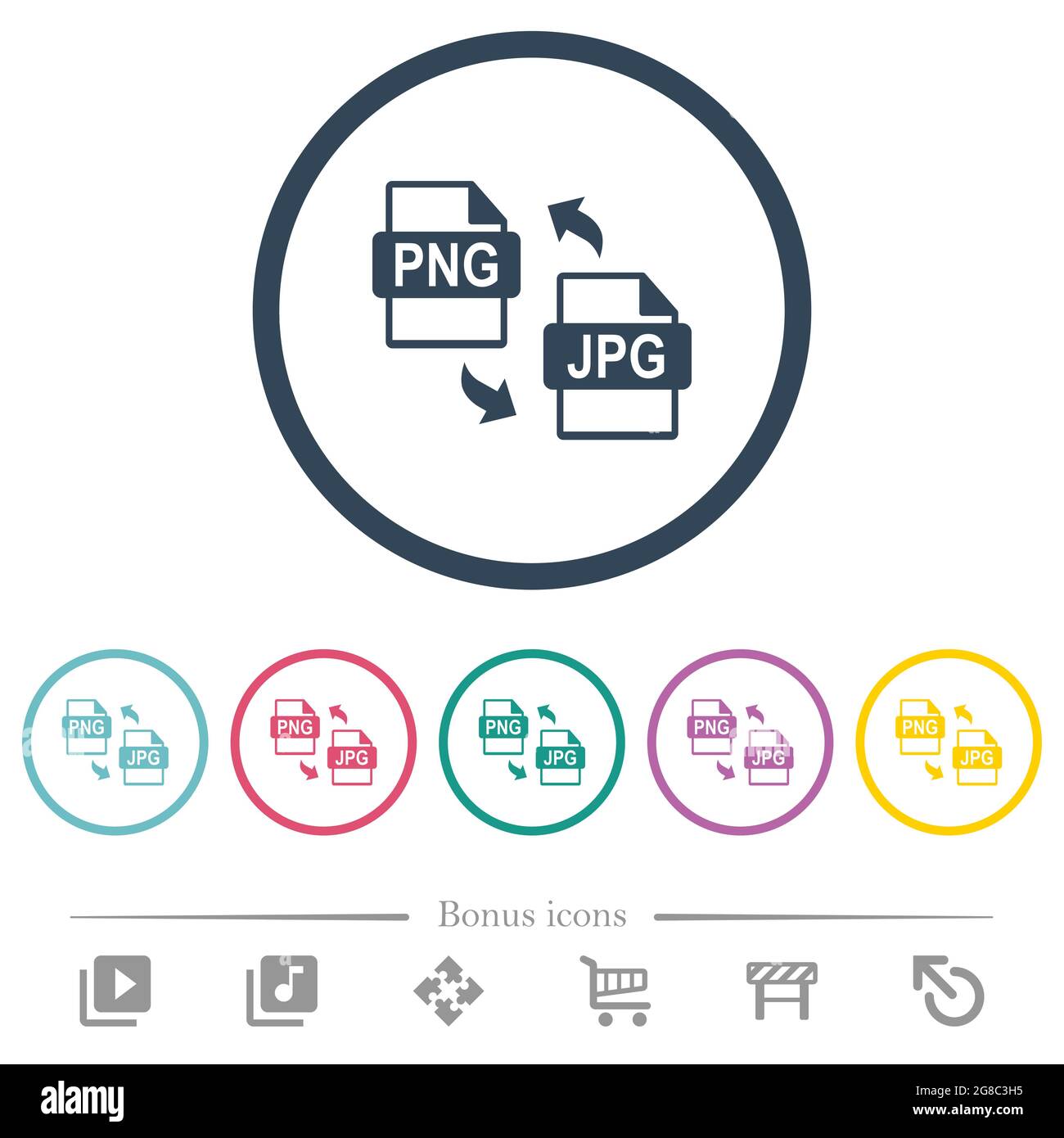 PNG JPG file conversion flat color icons in round outlines. 6 bonus ...