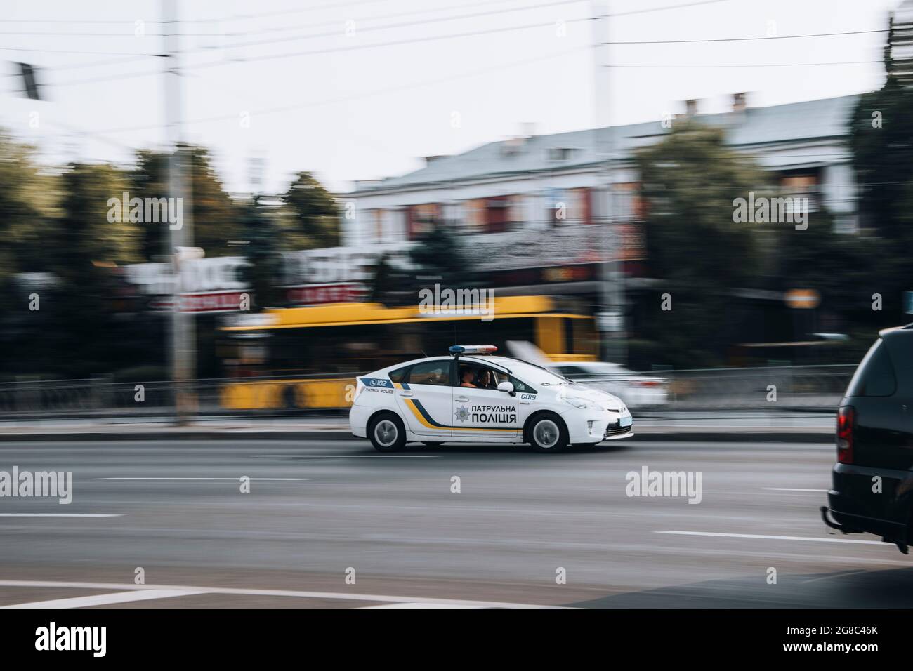 Ukraine, Kyiv - 16 July 2021: White Toyota Prius Patrol Police car ...