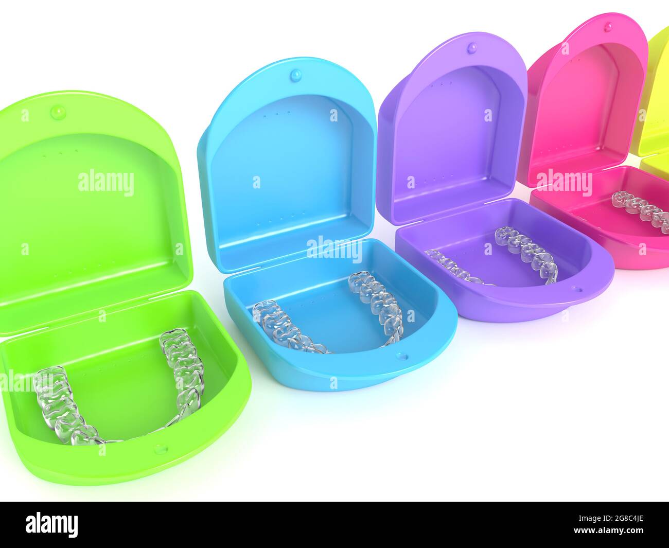 3d render of clear and removable aligners with cases in row over white ...