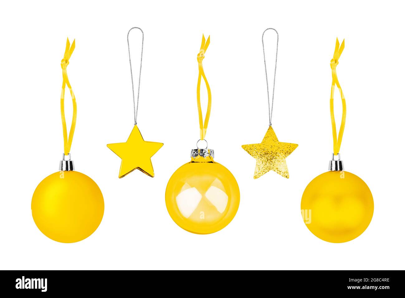 Yellow Christmas tree decorations set white background isolated closeup ...