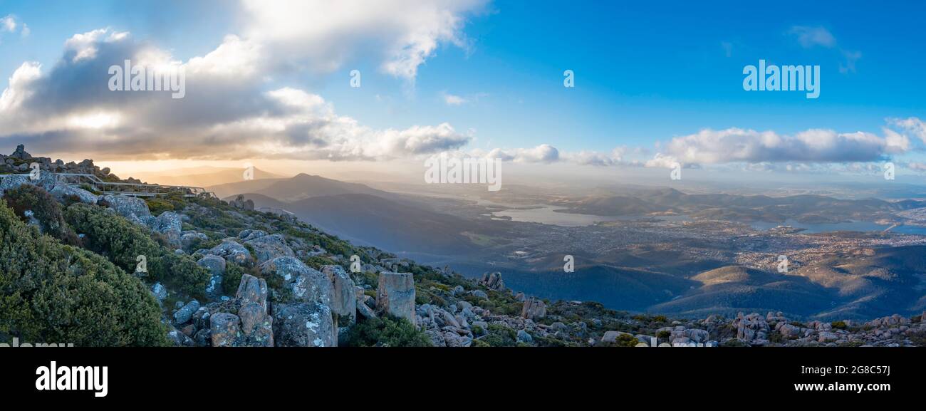 A late afternoon panoramic view from Mount Wellington as clouds roll ...