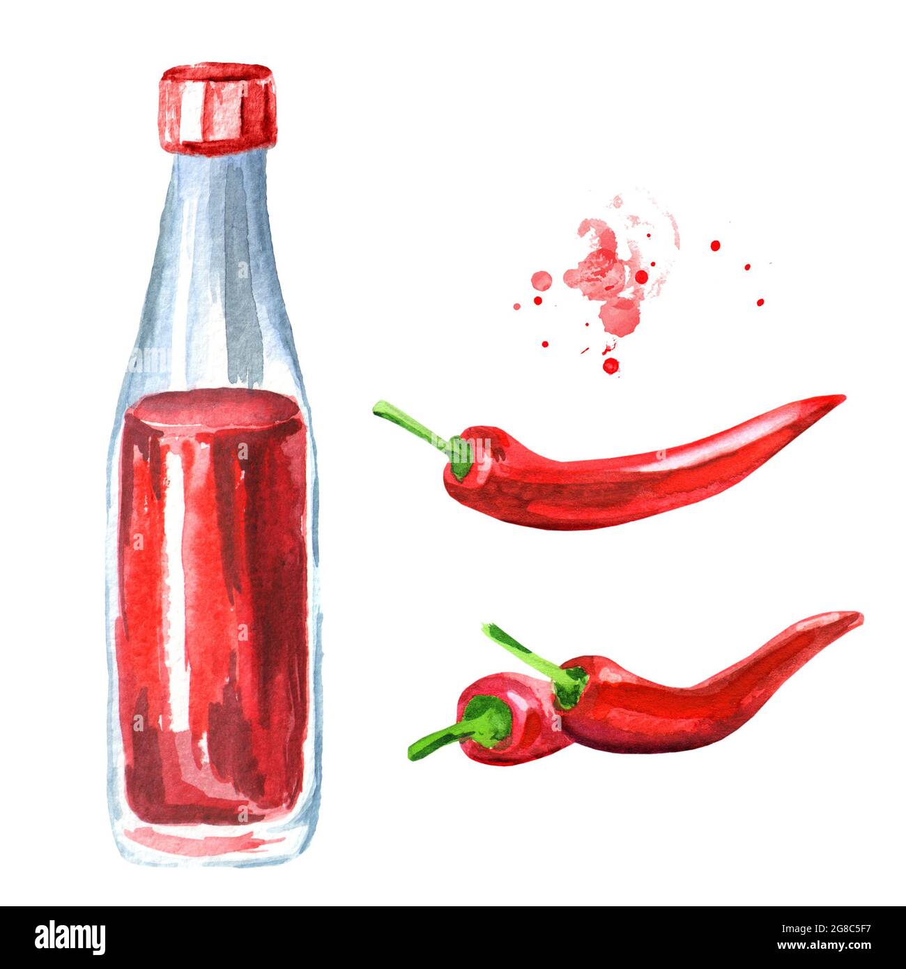 Tabasco sauce bottle and red hot Chili pepper set. Watercolor hand ...