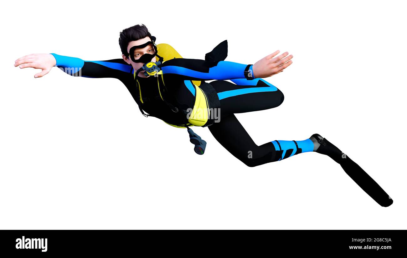 3D rendering of a young male diver isolated on white background Stock ...
