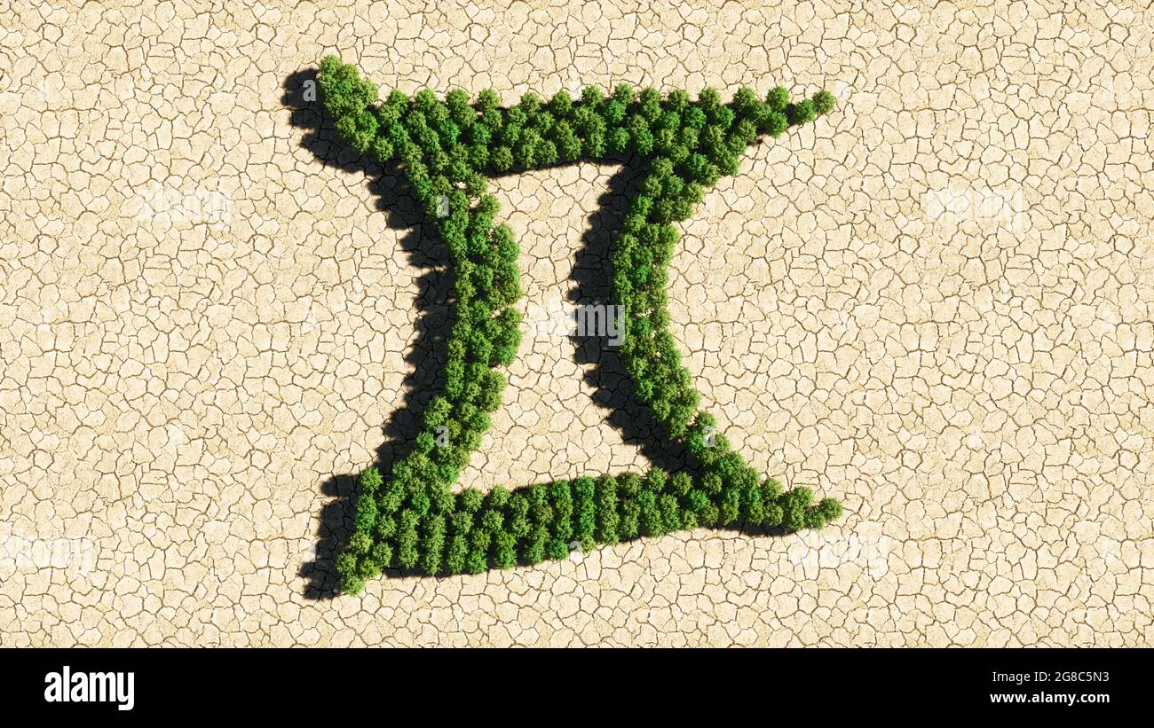 Concept or conceptual group of green forest tree on dry ground ...