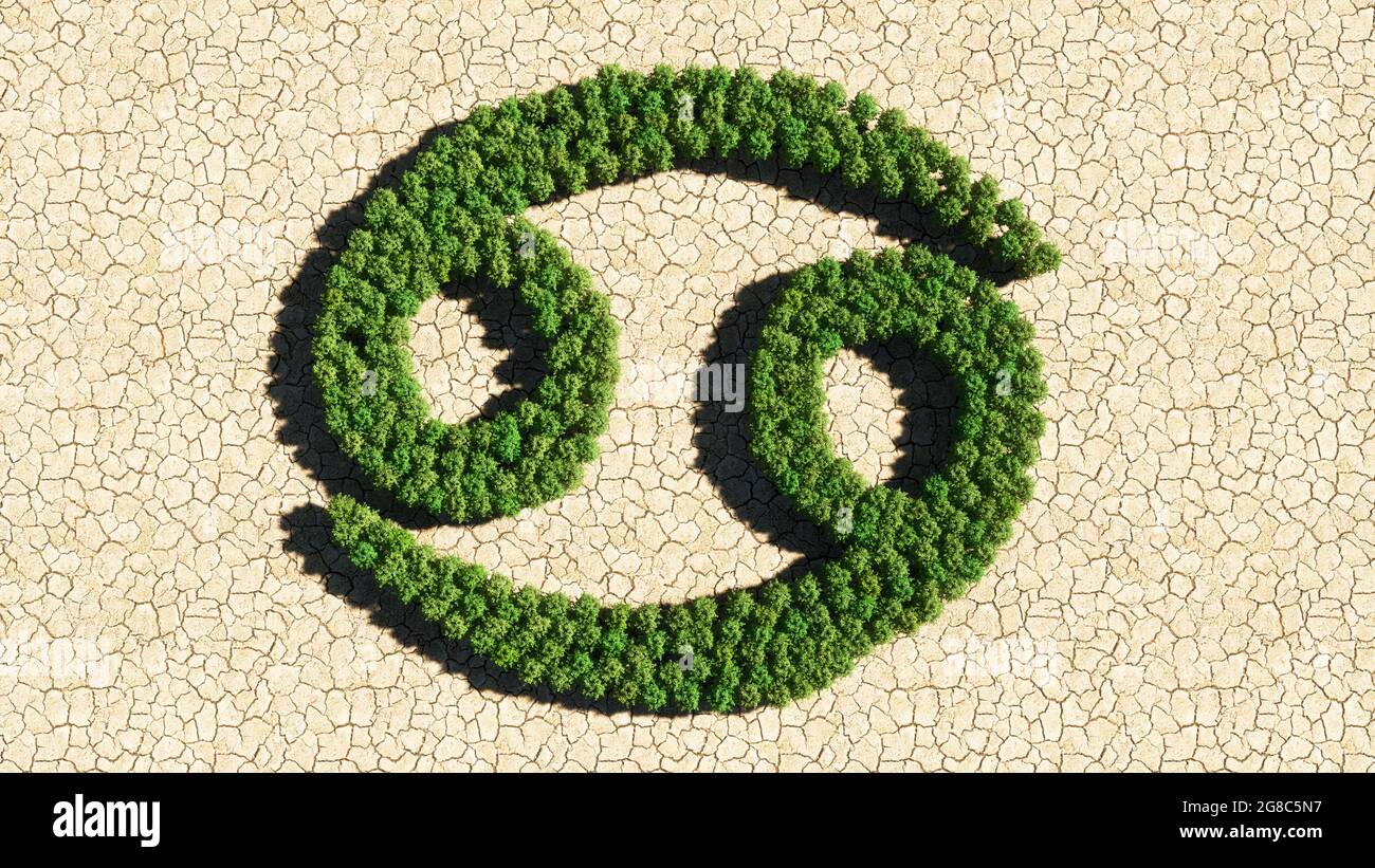 Concept or conceptual group of green forest tree on dry ground ...