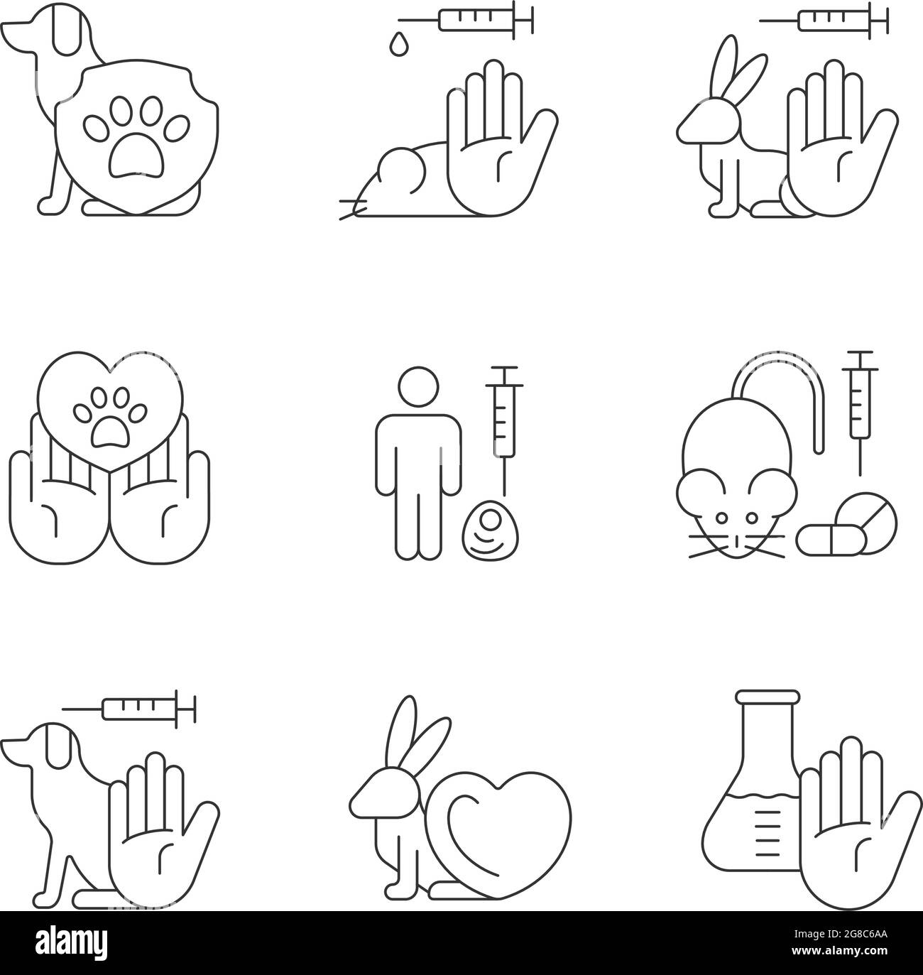 Stop animal testing linear icons set. Pet protection and welfare. Vegan ...