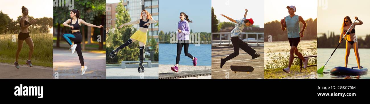 Collage about fit men and women at fitness training outdoors. Sport ...