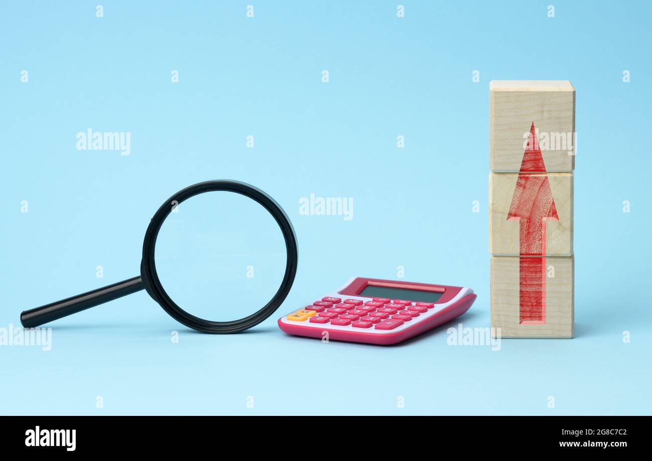 magnifier and calculator on a blue background. Income and expense ...
