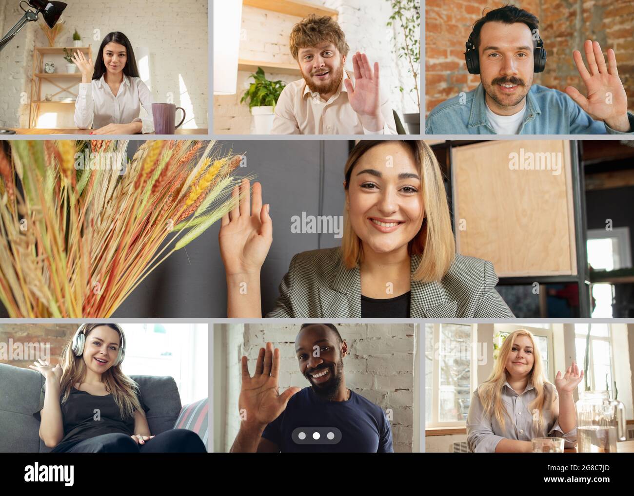 Salutation. Team working by group video call share ideas brainstorming ...