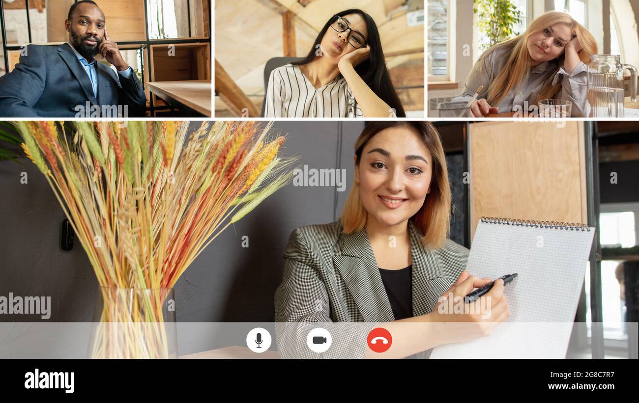 Team working by group video call share ideas brainstorming use video ...