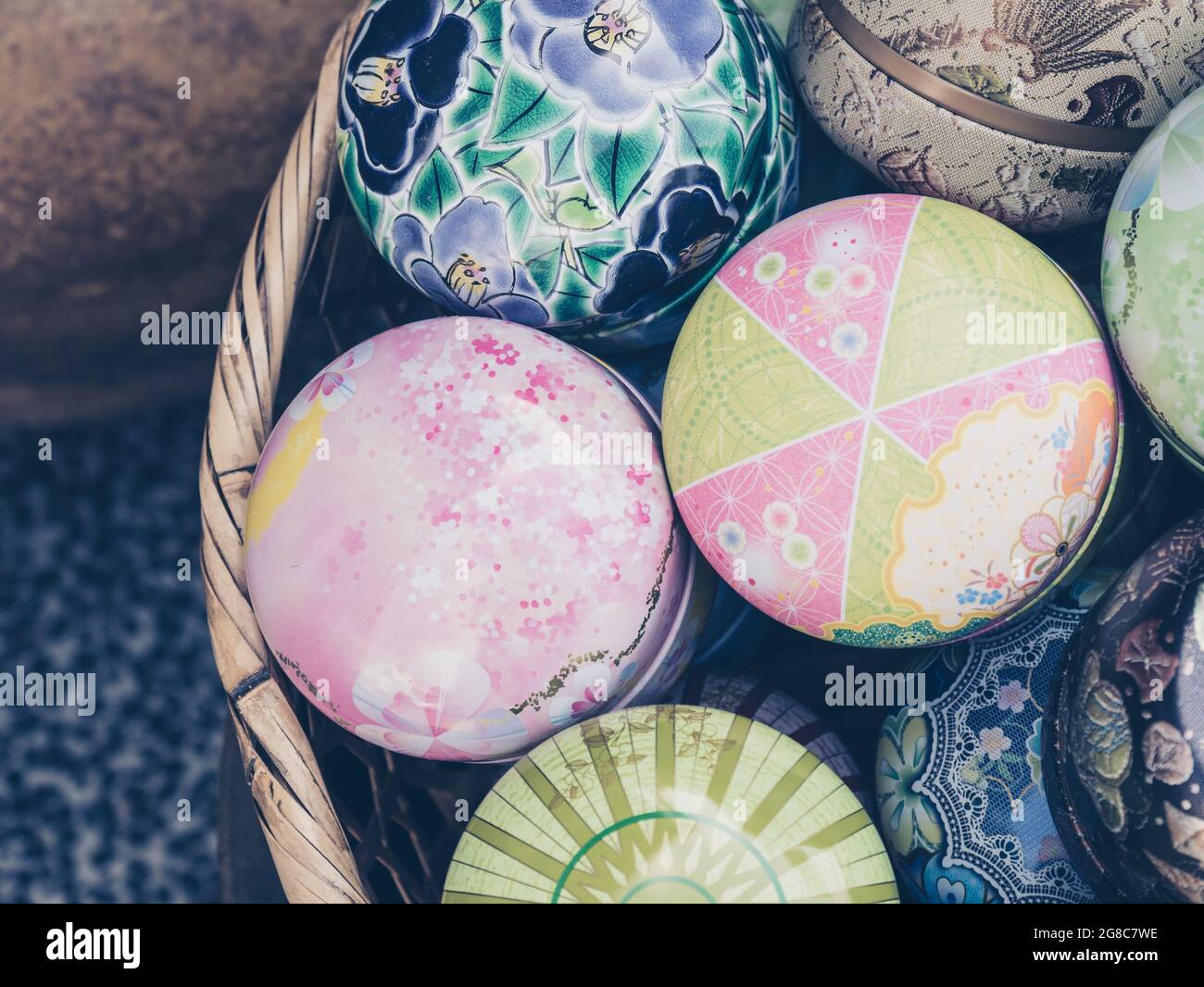 High angle shot of various Japanese boxes Stock Photo - Alamy