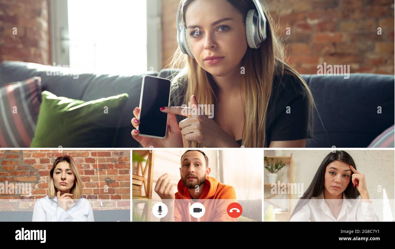 Team working by group video call share ideas brainstorming use video ...