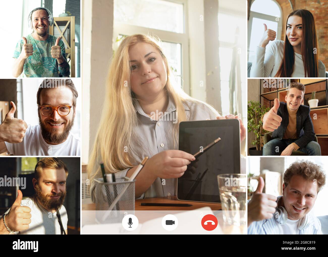 Team working by group video call share ideas brainstorming use video ...