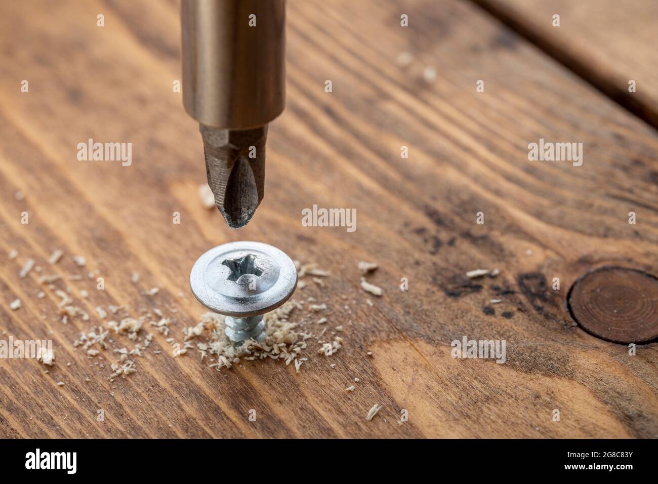 Self-tapping screw screwed into a wooden board close-up. Screw for wood ...