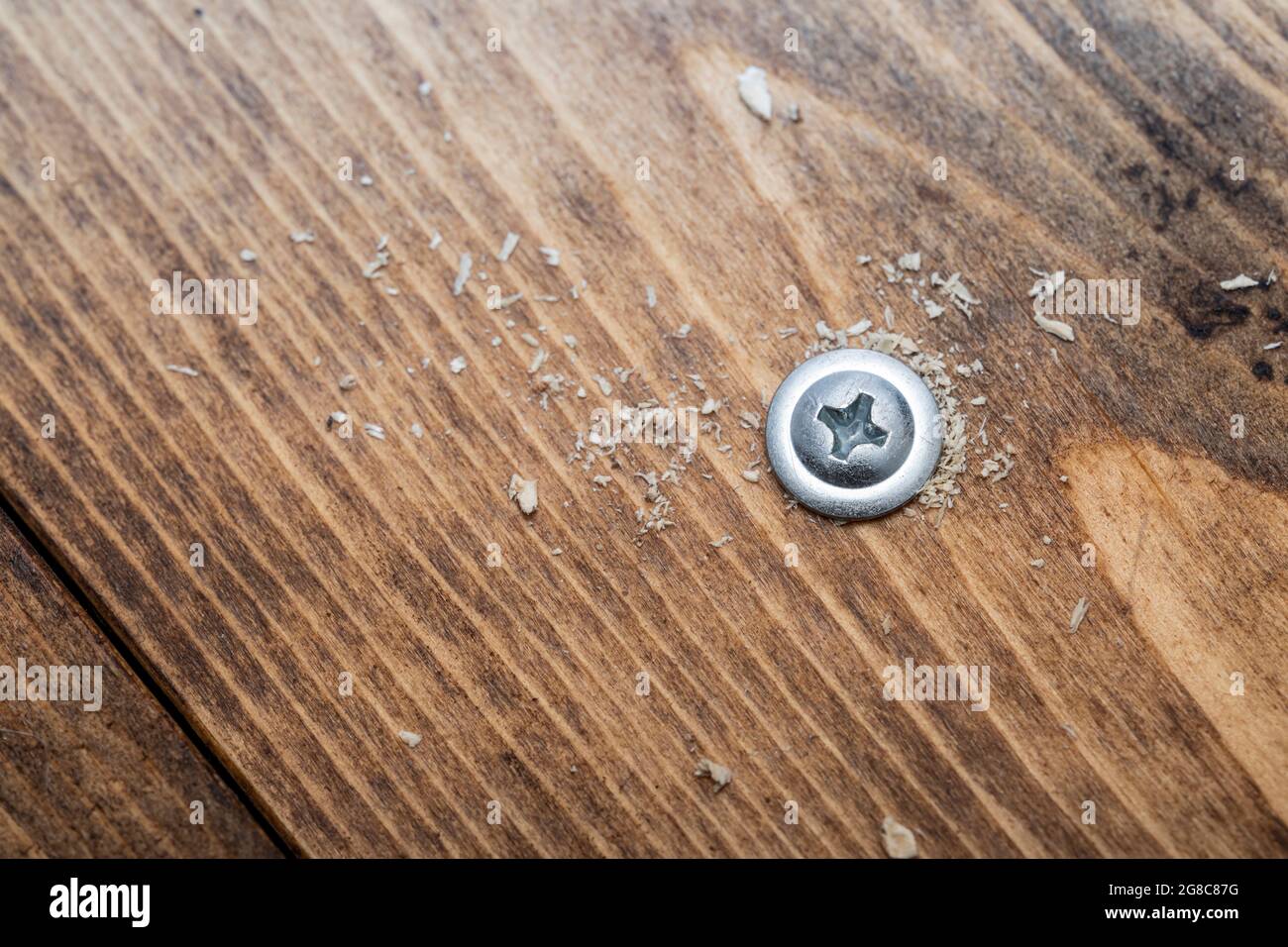 Self-tapping screw screwed into a wooden board close-up. Screw for wood ...