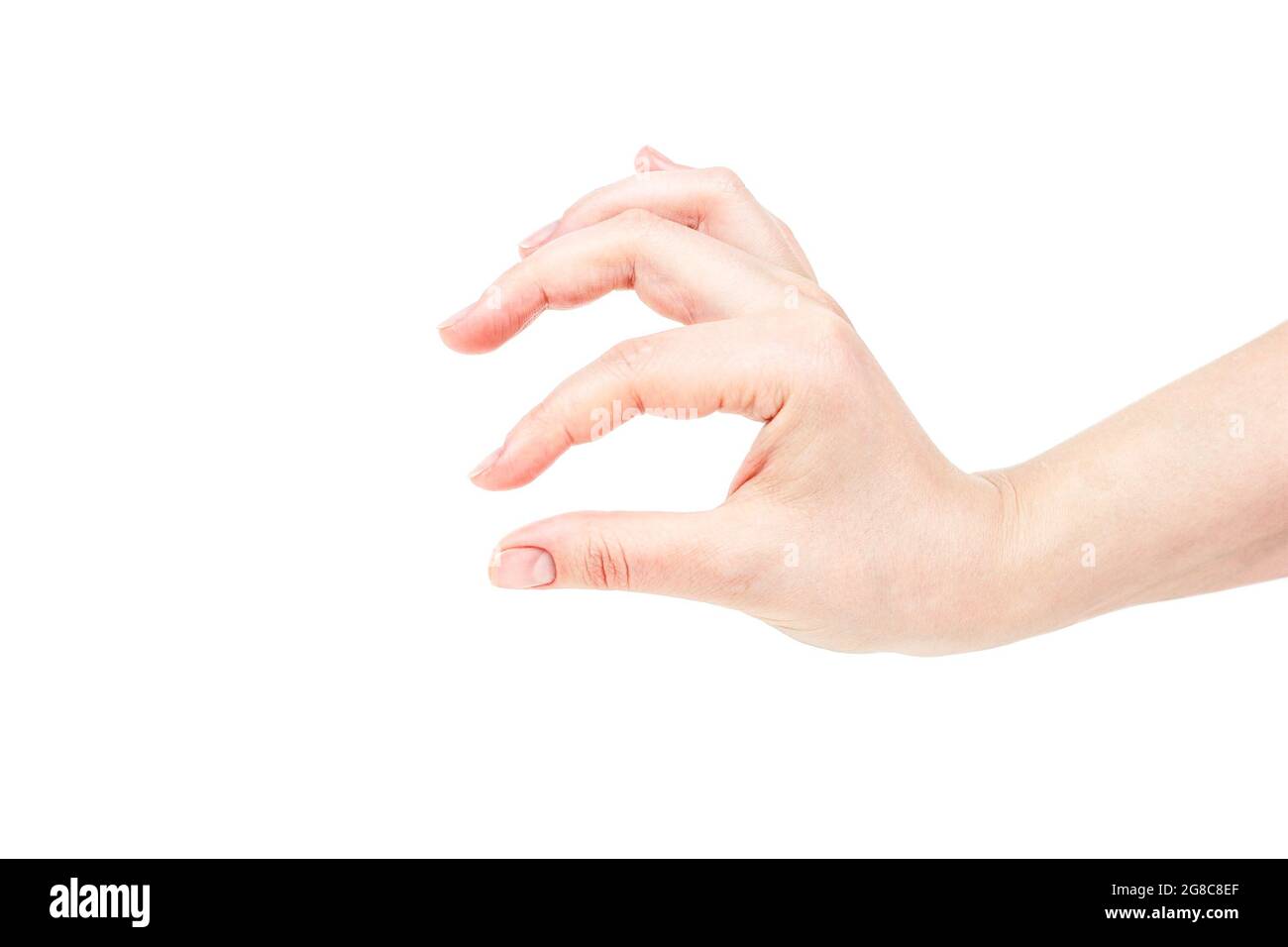 Caucasian woman empty hand holding something isolated on white ...