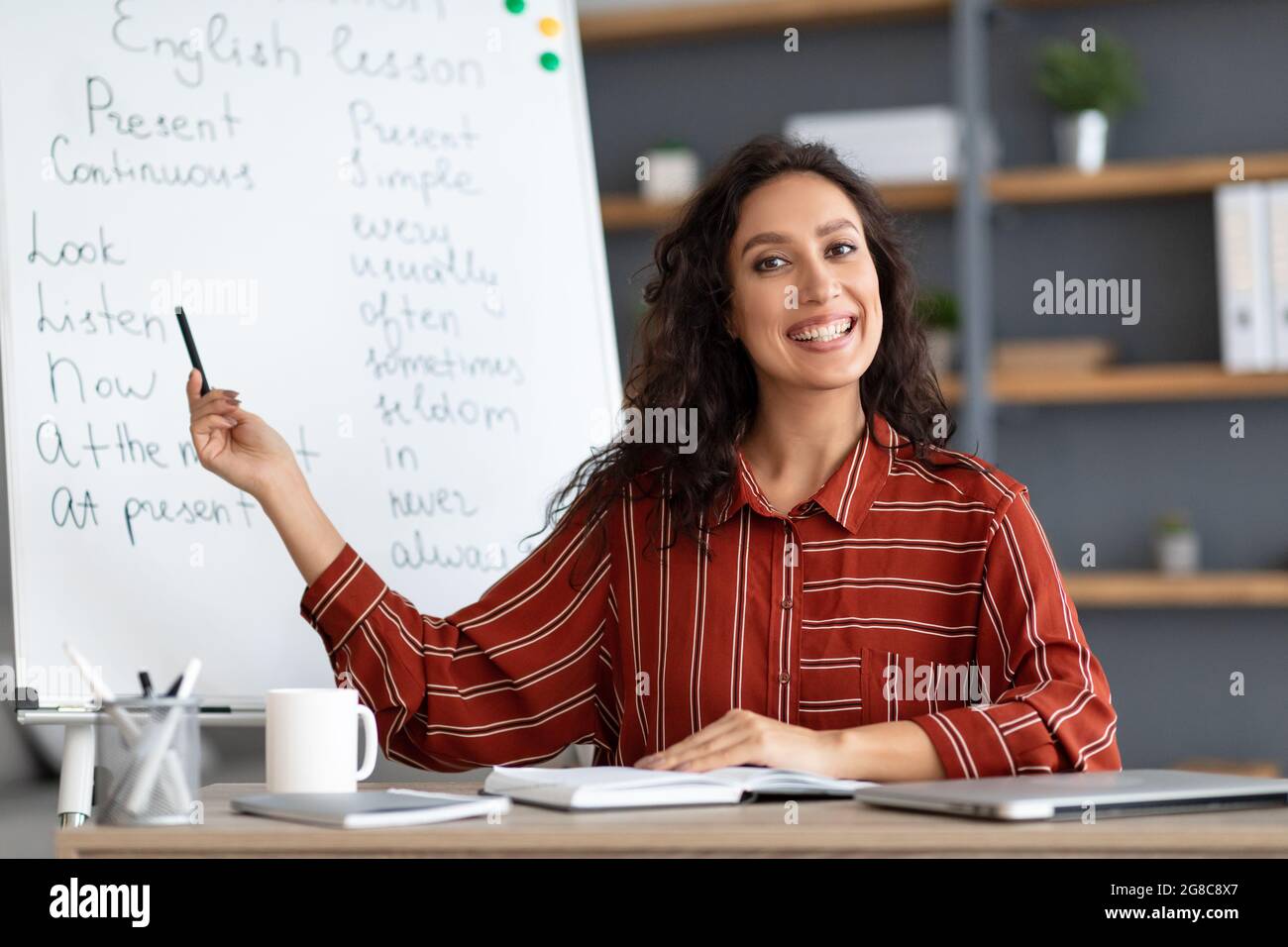 English teacher pointing at board, explaining lesson to students Stock ...