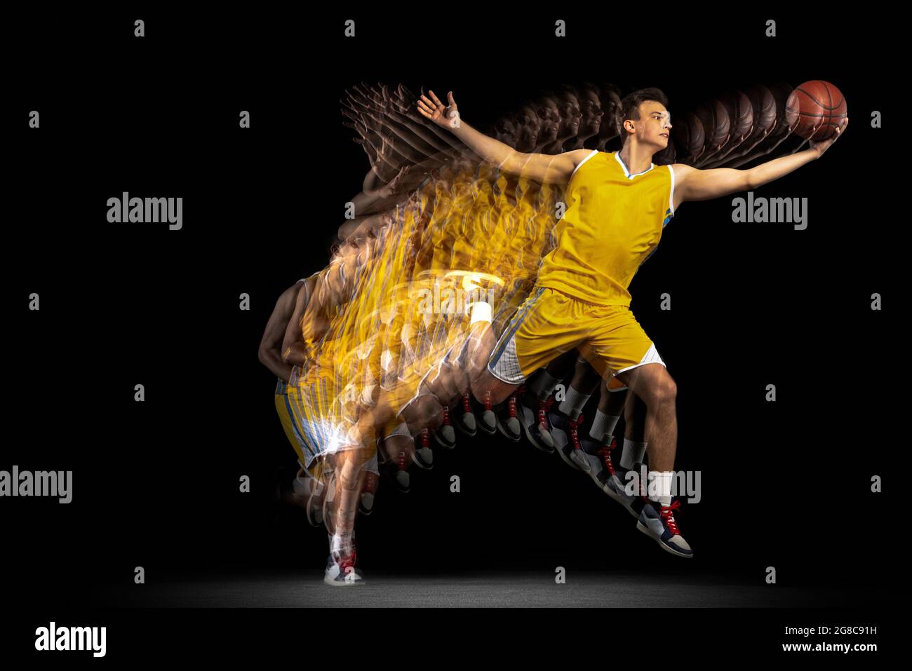 Flight. Young caucasian basketball player in motion and action isolated ...