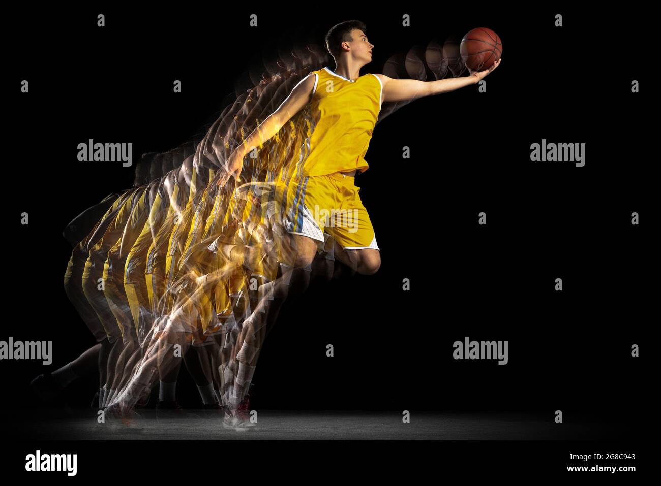 Flight. Young caucasian basketball player in motion and action isolated ...