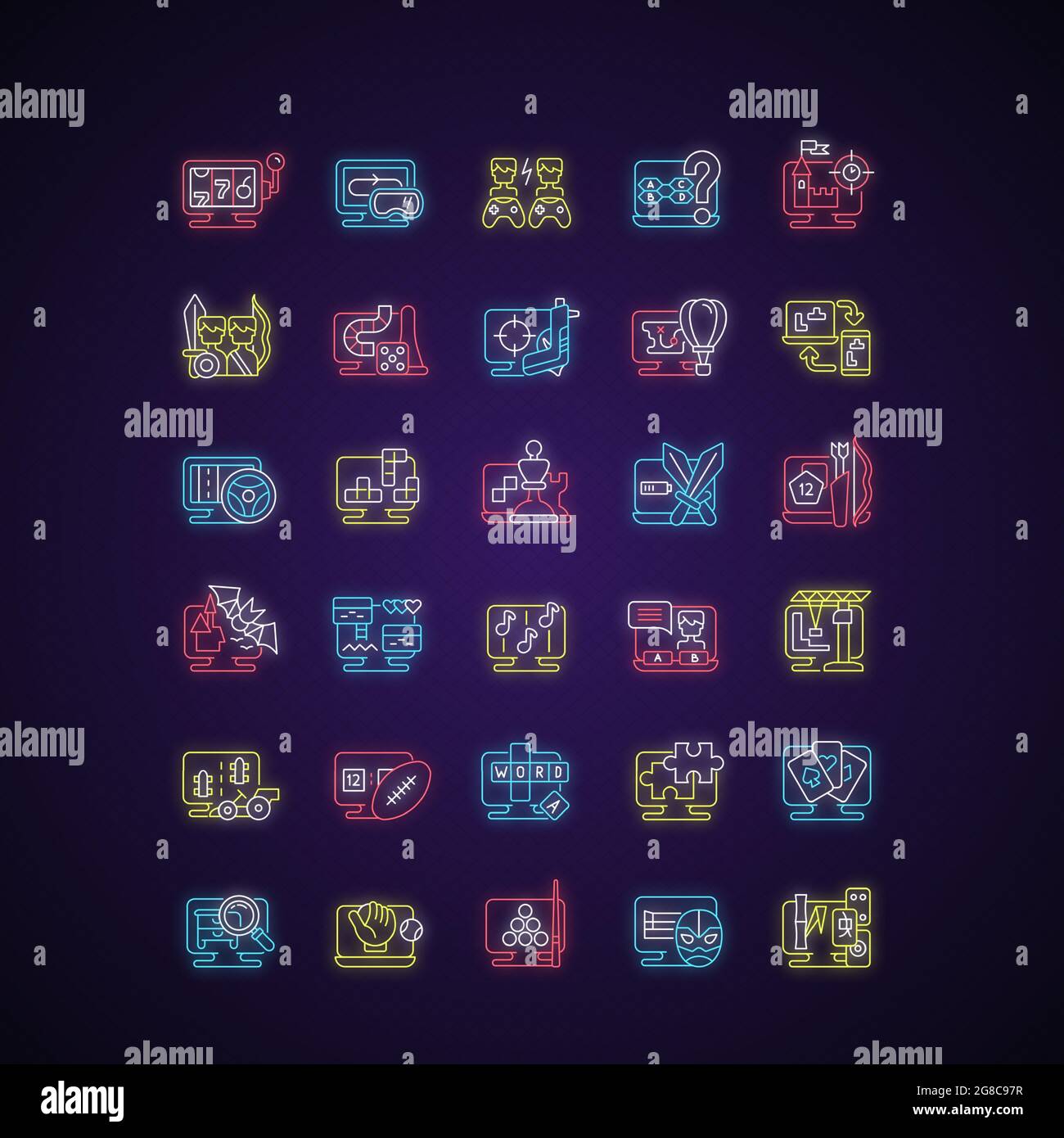 Online game types neon light icons set Stock Vector Image & Art - Alamy
