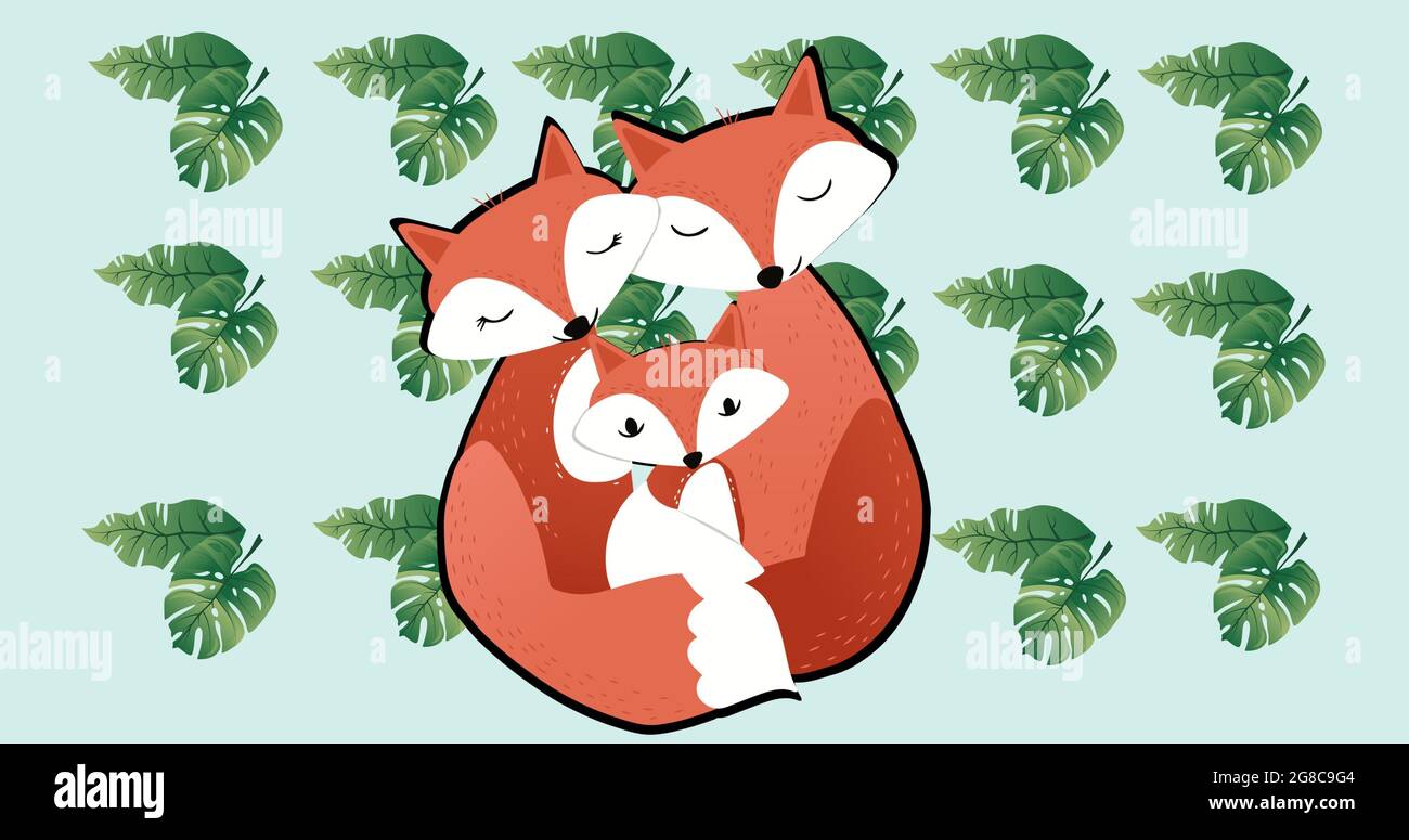 Composition of fox family embracing on white background Stock Photo - Alamy