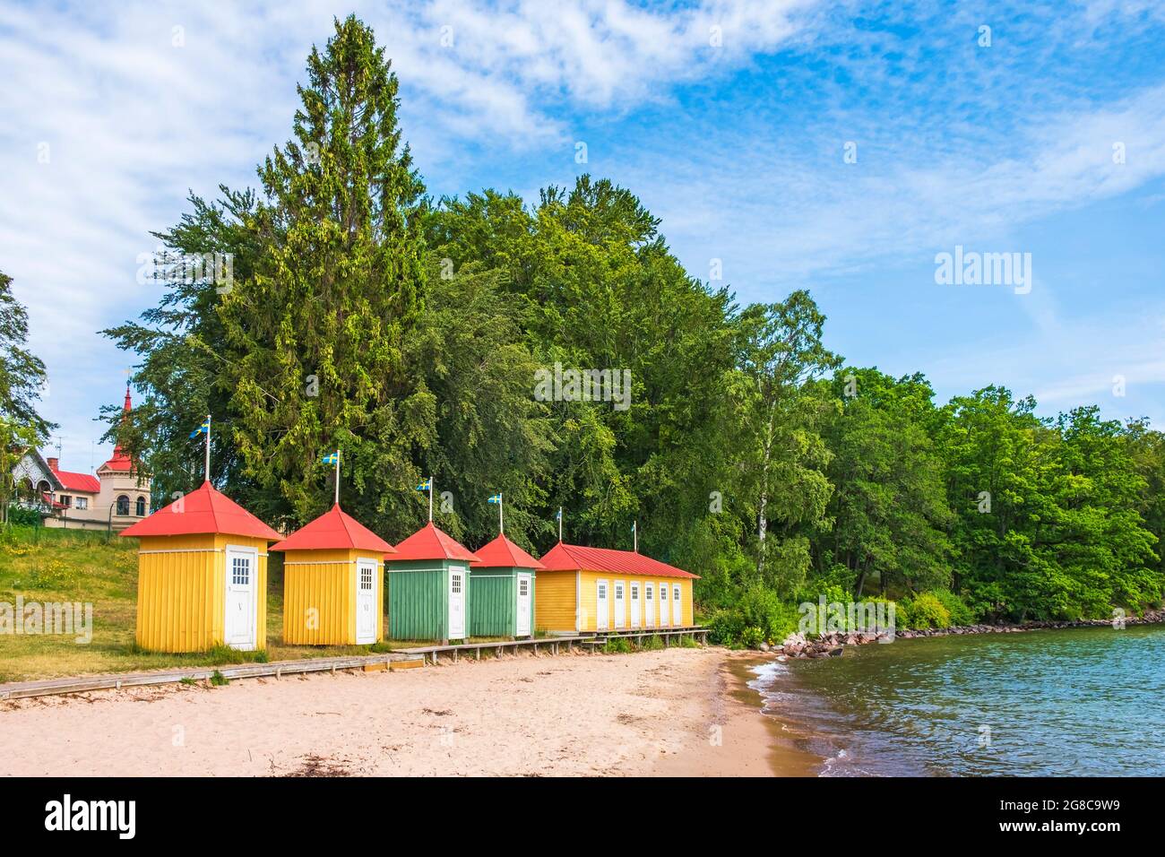 Classic view at the beach cabins in the Swedish city Hjo Stock Photo ...