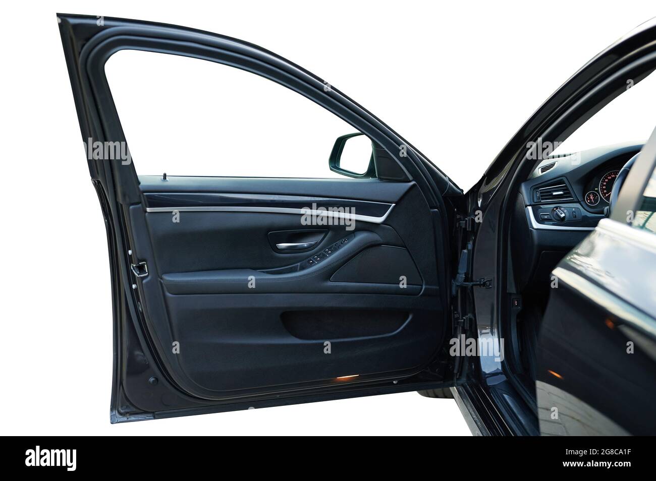 Open front car door with leather interior isolated Stock Photo - Alamy