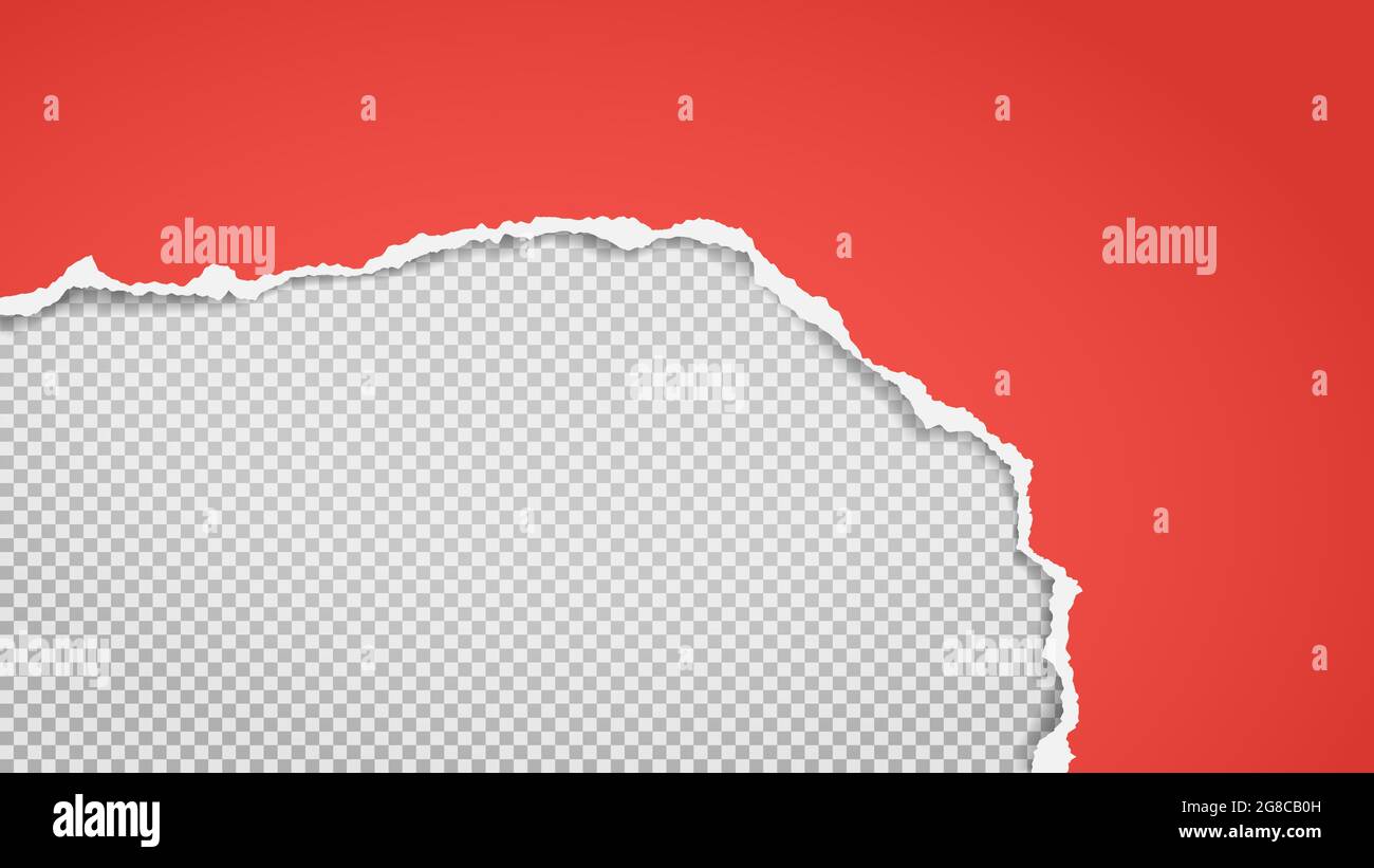 Torn, ripped red paper strip with soft shadow is on white squared ...